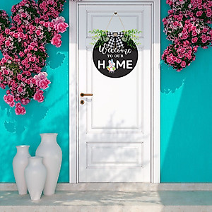 Gnome Wooden Seasonal Welcome Door Sign Interchangeable Welcome to Our Home Round Wood Hanging Front Door Sign with Burlap Bow with 12 Seasonal Ornament for Independence Day Holiday Porch (Black)