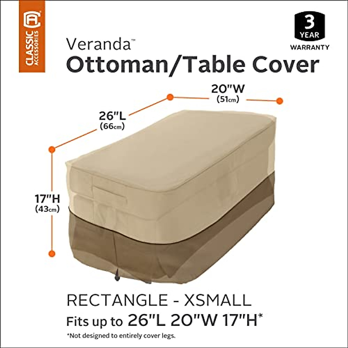 Classic Accessories Veranda Water-Resistant 26 Inch Rectangular Patio Ottoman/Side Table Cover, Pebble/Bark/Earth