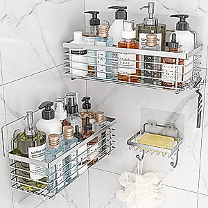 ODesign Shower Caddy Basket with Hooks Soap Dish Holder Shelf for Shampoo Conditioner Bathroom Storage Organizer SUS304 Stainless Steel Rustproof Adhesive No Drilling - 3 Pack