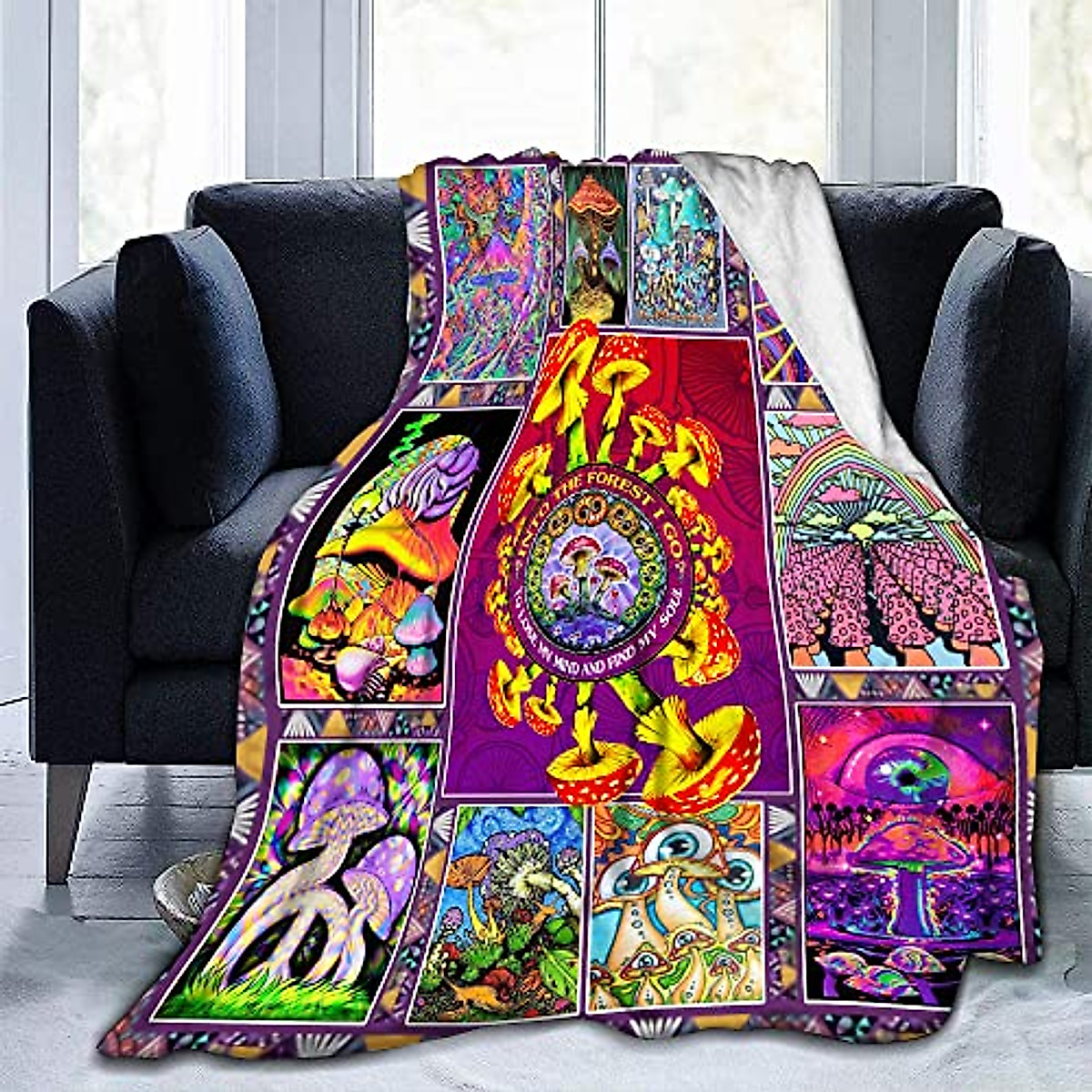 Mushroom Blanket Super Soft Microfiber Flannel Throw Blanket Trippy Mushroom Blankets All Seasons Warm Cozy Fleece Plush Blanket Sofa Couch Bedroom Living Room (Purple，(59 x 79 in))