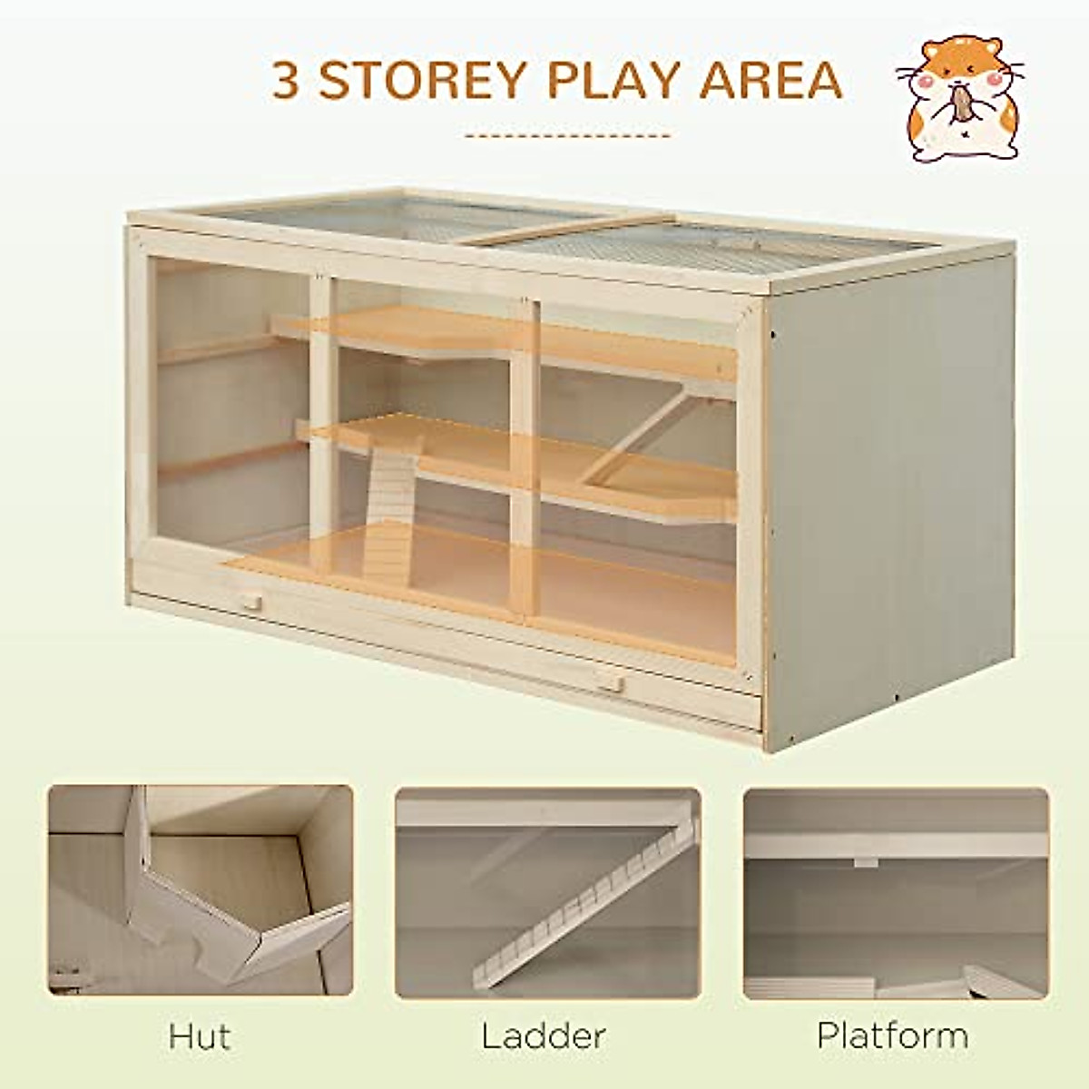 PawHut Extra Large Wooden Hamster Cage, Gerbil Cage, and Other Small Animal Habitat, Hamster Habitat with Opening Roof, Hut, Ramps