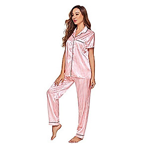 WDIRARA Women's Sleepwear Striped Satin Short Sleeve Shirt and Pants Pajama Set Pink S