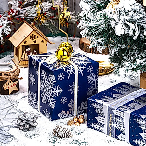 LeZakaa Navy Christmas Wrapping Paper Roll - Min Roll - Snowy Woodland Scenes/Snowflake/Tree for Gift Wrap, DIY Craft - 17 x 120 inches - 3 Rolls (42.5 sq.ft.ttl.)