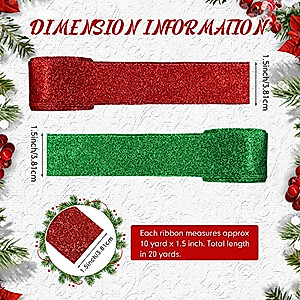 Juinte 2 Roll 20 Yards Christmas Wired Ribbon Glitter Christmas Tree Ribbon Thick Metallic Ribbon Gift Wrapping Tree Decor for Wreath Garland Party DIY Crafts Decorations(1.5 Inch,Red, Green)
