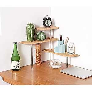 HYNAWIN 3-Tier Bamboo Corner Shelf-Kitchen Bathroom Office Countertop Storage Organizer, Standing Shelving Unit,Spice Rack Desk Bookshelf Display Shelves Space Saving-Creative Adjustable Rack