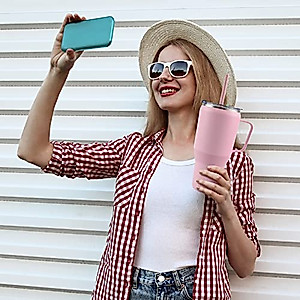 MUCHENGHY 40 oz Tumbler with Handle and Straw Lid, Leak Proof Double Vacuum Stainless Steel Tumblers Insulated Travel Coffee Mug with Lids Pink