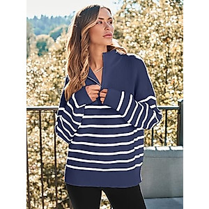 LILLUSORY Women's Quarter Zip Striped Oversized Sweater 2025 Mock Turtleneck Fall Fashion Outfit NavyBlue-White S