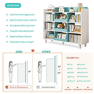 NELYE Wooden Cube Bookcase with Legs - 3-Tier Open Shelf Kidsroom Sorted Storage Cabinet Organizer for Books and Toys, 9-Cube Lattice Cute Cubby Bookshelf in White Mixed Westlake Blue, 55" W