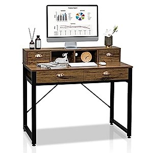 VINGLI Computer Desk with Drawers and Monitor Stand,42" Home Office Study Writing Desk,Industrial Laptop Desk Workstation,Small Writing Desk with 4 Drawers for Small Place