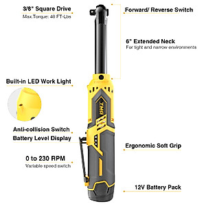 Meagle Extended Cordless Electric Ratchet Wrench, 3/8" 40 Ft-lbs 12V Long Reach Electric Ratchet Wrench Kit w/ 60-Min Fast Charge, Variable Speed, 2X2.0Ah Lithium-Ion Batteries, 7 Sockets& Tool Bag