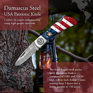 Morf Steelware Customized American Flag Damascus Pocket Knife, USA Patriotic Damascus Folding Knife Survival Pocket Knife for Men, Handmade Camping & Hunting Knife With Sheath