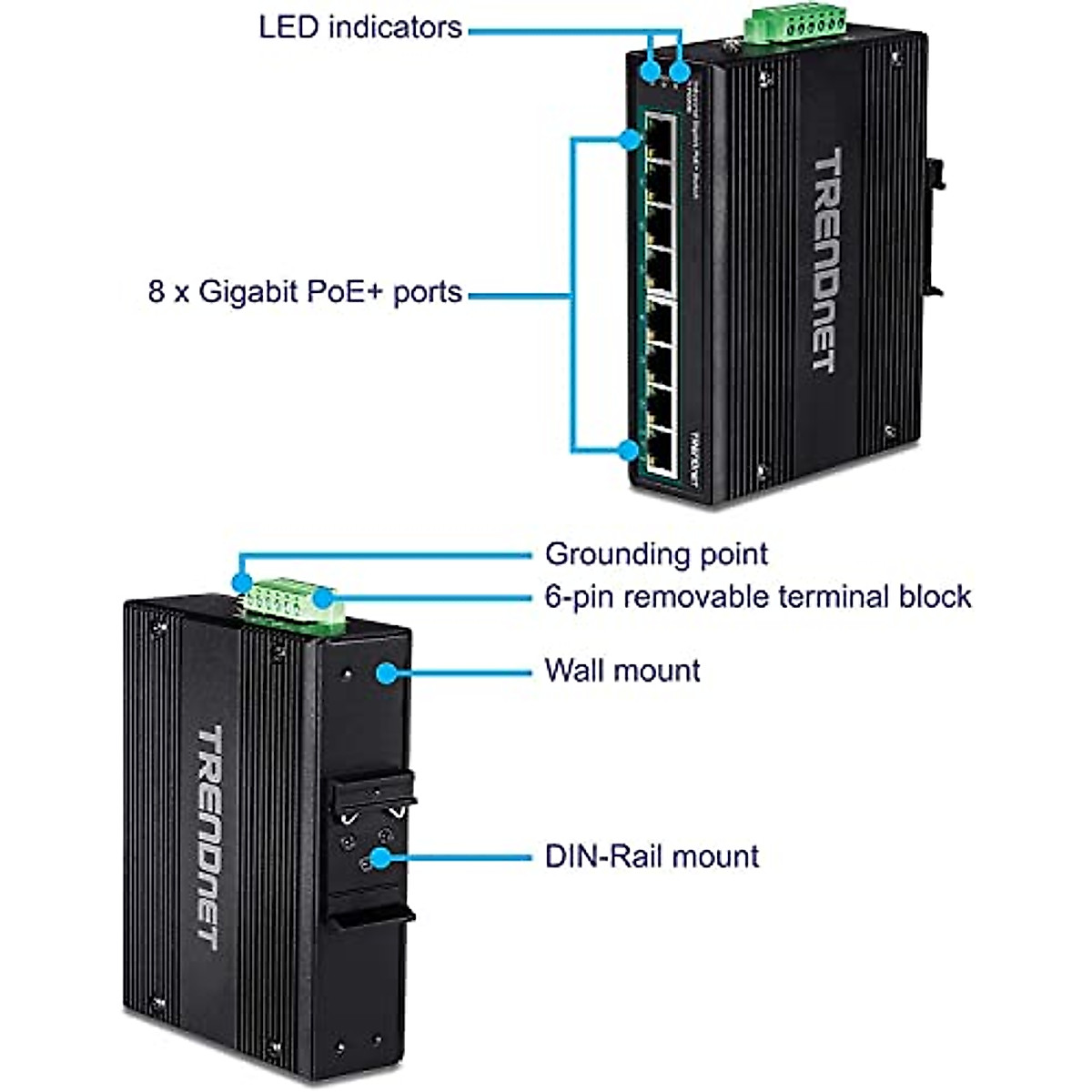 TRENDnet 8-Port Hardened Industrial Unmanaged Gigabit 10/100/1000Mbps DIN-Rail Switch w/ 8 x Gigabit PoE+ Ports, TI-PG80B, 24 – 56V DC Power inputs with Overload Protection, Lifetime Protection