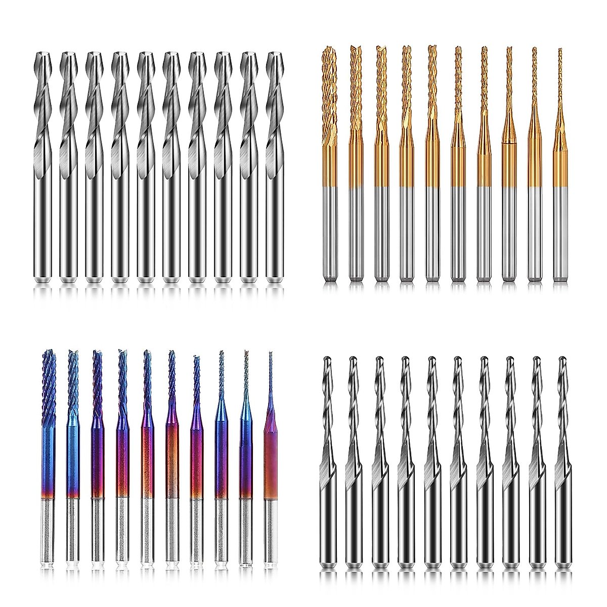 40pcs End Mills CNC Router Bits, 1/8 inch(3.175mm) Shank CNC Milling Carving Bit Set Including 2-Flute Flat & Ball Nose Spiral Bits, Nano Blue Coat & Titanium Coat End Mill, Suitable for ER 11 Collet