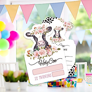AEHIE 20 Sets Holy Cow Birthday Party Shaped Fill-In Invitations With Envelopes, Floral Baby Cow Birthday Party Invitations Invite Cards for Girls Kids,Cow Print Birthday Party Invites