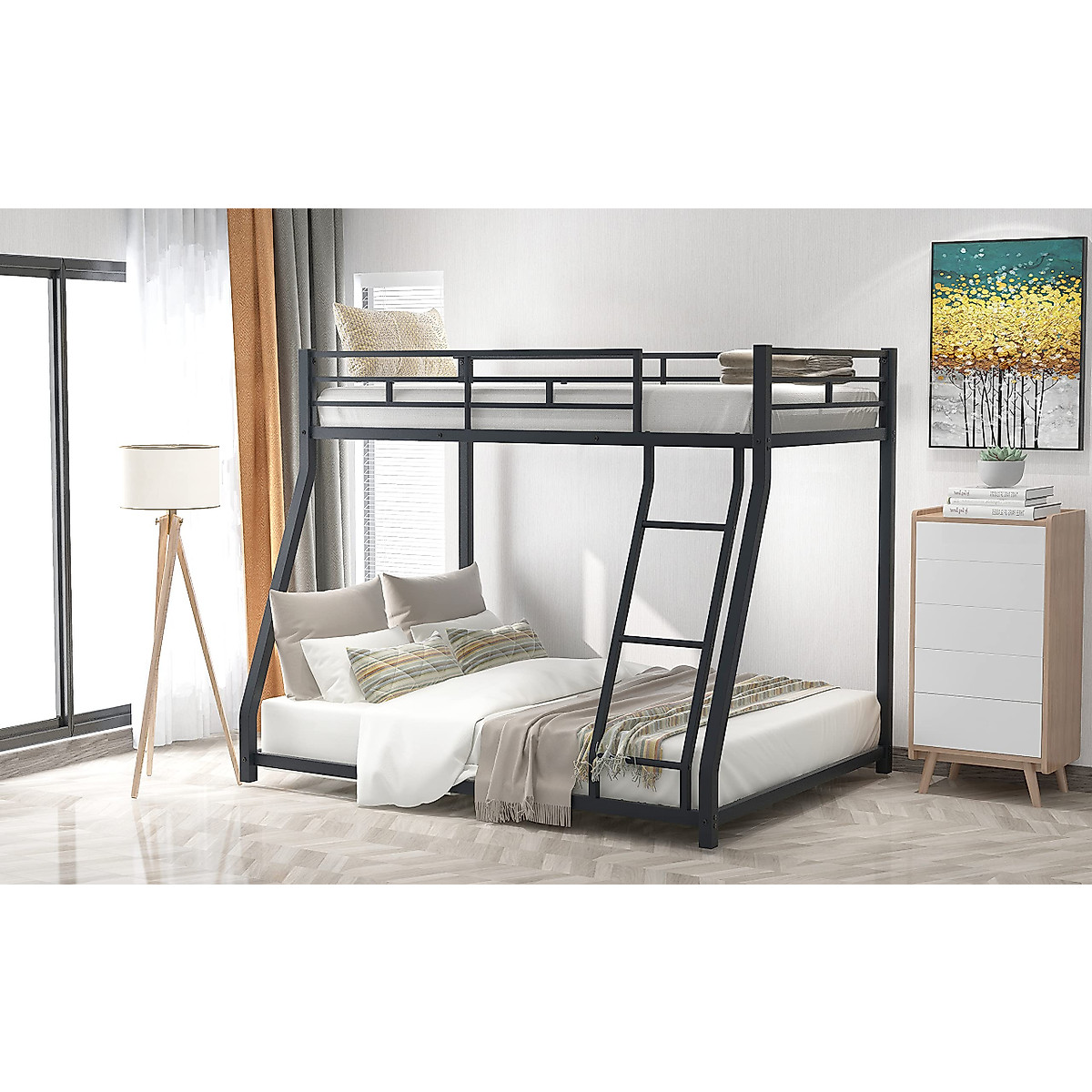 DreamBuck Metal Bunk Bed Twin Over Full, Heavy Duty Bunk Bed with Ladder & Safety Guardrail, Floor Bunk Bed for Kids Adults, Space-Saving, No Box Spring Needed,Black