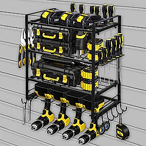 Power Tool Organizer,4 Layers Heavy Duty Metal Tool Organizers with 4 Drill Slots, Drill Holder Wall Mount, Utility Storage Rack for Cordless Drill, Suitable for Garage, Workshop and Warehouse