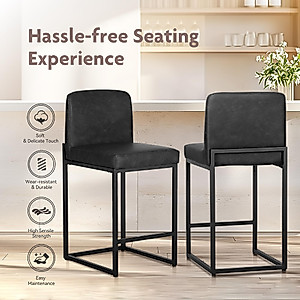 ALPHA HOME Counter Height Bar Stools, 24” Kitchen Counter Stools Set of 1, Pu Leather Kitchen Modern Bar Chairs with Back&Footrest, Sturdy Chromed Metal Steel Frame, Black