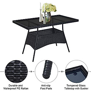 Tangkula 5 Piece Wicker Patio Dining Set, Outdoor Rattan Table & Chairs Set with Tempered Glass Top & Padded Cushions, Patio Furniture Dining Table Set for Balcony Patio Garden Poolside