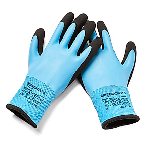 Amazon Basics 15 gauge polyester nitrile fully coated, sandy nitrile palm coated outer Size 9,L, 2-pair, Blue