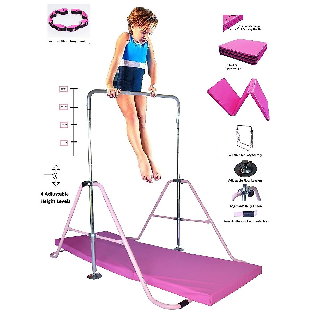 Athletic Bar Kids Gymnastics Bar Horizontal Kip Bar + 2x6 Tri Fold Mat Junior Training Adjustable Expandable Height Jungle Gym Monkey Bars Climb Tower Playground Gymnasts + Stretch Band (Pink)