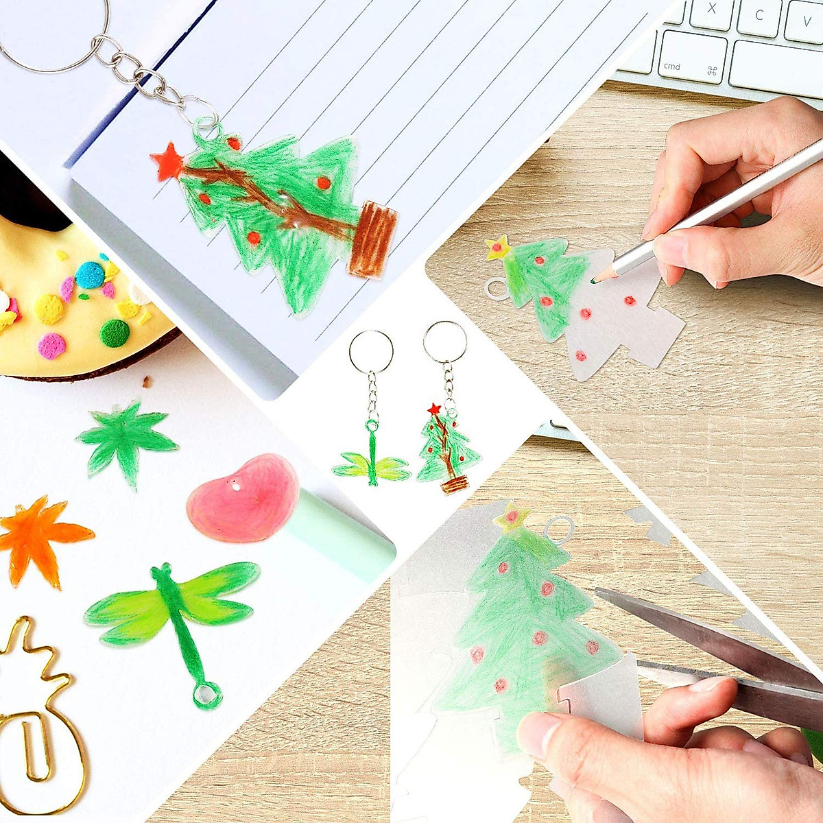 Rawskro 137 Pieces Shrink Plastic Sheet Kit Include 12 PCS Shrinky Art Paper with 125 PCS Keychains Accessories,Create Your Own Shinky Dinks, Earrings, Necklace, Keychains (A5 Size)