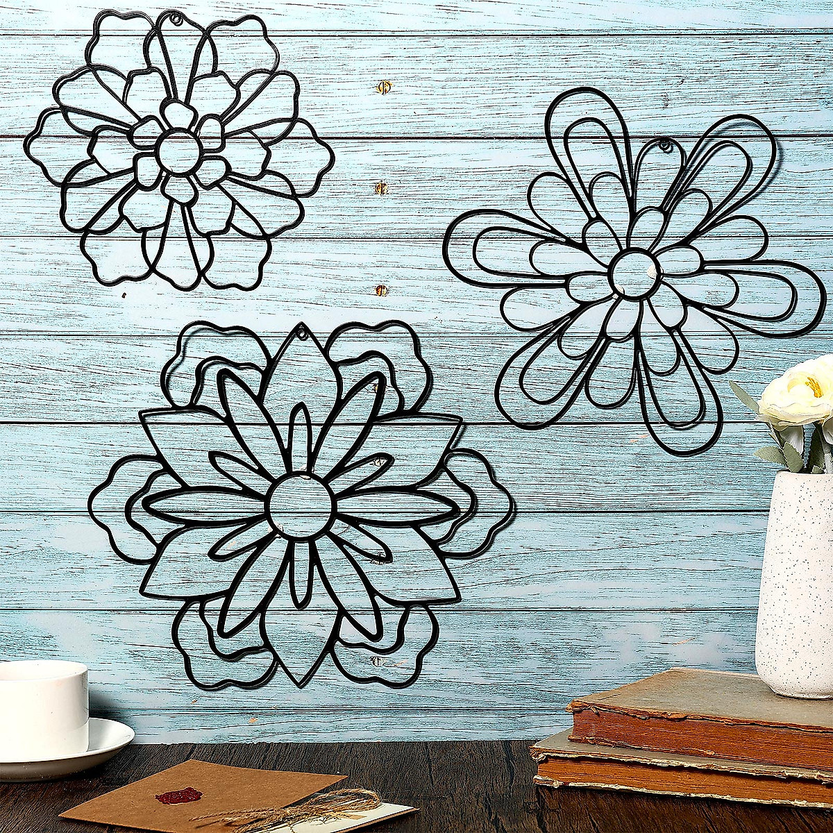 3 Pieces Metal Flower Wall Decor Rustic Galvanized Metal Flower Hanging Metal Flower Wall Art Wire Outline Wall Flowers Decor for Home Bedroom Bathroom Kitchen Garden Wall Art (3 Styles)