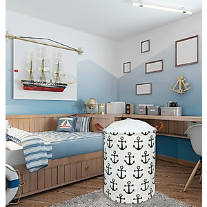 HIYAGON Laundry Basket,Large Laundry Hamper with Drawstring Cover,Collapsible Clothes Hamper for Home Office Closet(Black anchor)