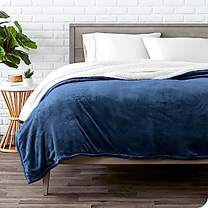 Bare Home Sherpa Fleece Blanket - Throw/Travel Blanket - Blanket for Bed, Sofa, Couch, Camping and Travel - Warm & Lightweight - Fluffy & Soft Plush Blanket - Reversible (Throw/Travel, Dark Blue)