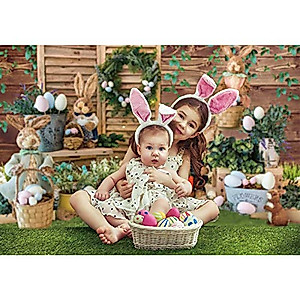 Funnytree 7x5FT Fabric Spring Happy Easter Backdrops for Photography Bunny Rabbit Grass Rustic Wood Background Baby Shower Party Supplies Decor Banner Portrait Studio Photoshoot Prop Photobooth Gift