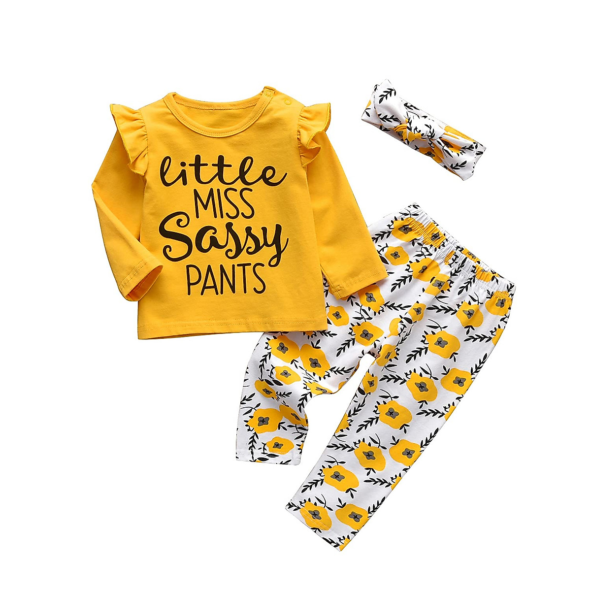 3Pcs Baby Girl Clothes Little Miss Sassy Pants Long Sleeve Letter Tops Flowers Pants and Headband Outfit Set (18-24 Months)