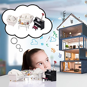 61 Pcs 1:12 Scale Dollhouse Sofa Accessories Set Dollhouse Food Miniature Dollhouse for Living Room Furniture Include Porcelain Tea Kits Mini Kitchen Food Tiny Piano for Doll Toy House (White)