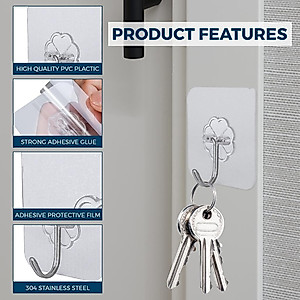 AMAZOPEN Self Adhesive Hooks - 24 Packs of Transparent Wall Door Hooks Stick On/Extra Strong Sticky Hooks for Hanging Coat, Cloth, Towel, Key and More