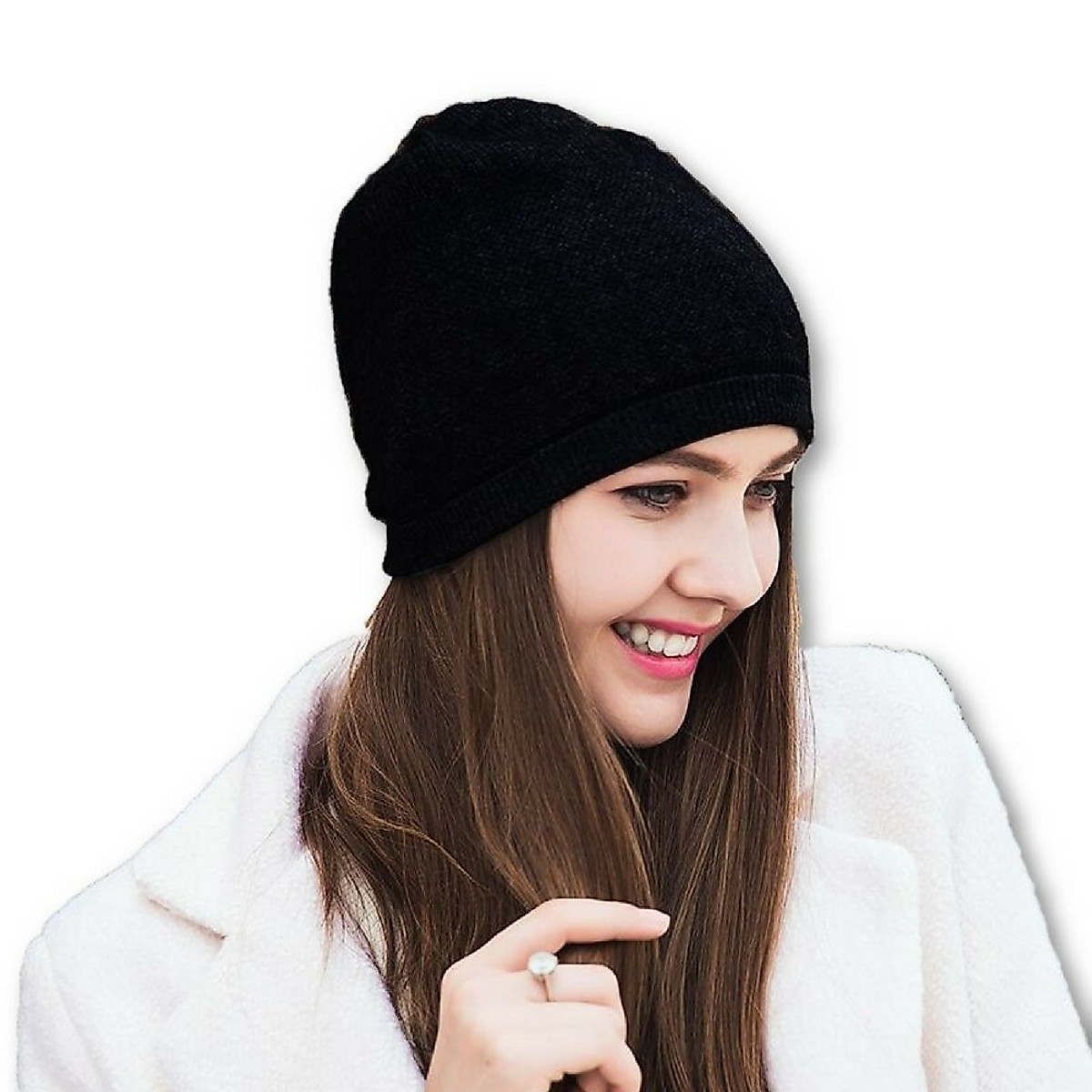WaySoft Pure 100% Cashmere Beanie for Women in a Gift Box, Oversized Women Beanie Hat, Bring Warm and Luxury to Your Loved Ones, Perfect (Black)