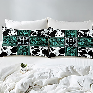 Erosebridal Cow Print Bedding Queen Floral Turquoise Decor Comforter Cover Western Cow Decor Duvet Cover Vintage Farmhouse Style Bedding Set Rustic Milk Cow Print Bedspread Cover,Black Green 3Pcs