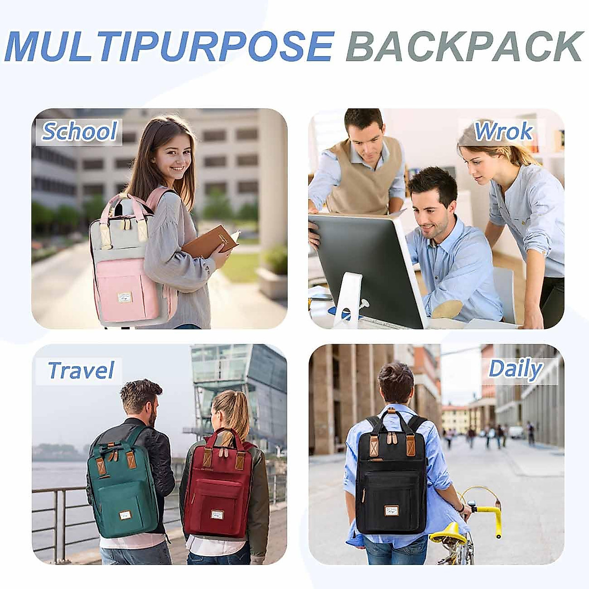 Kasqo Backpack for Women Men, 15.6" Large Capacity Water Resistant Laptop Bookbag Fashion School Bag with USB Charging Port for College Travel Work, Black