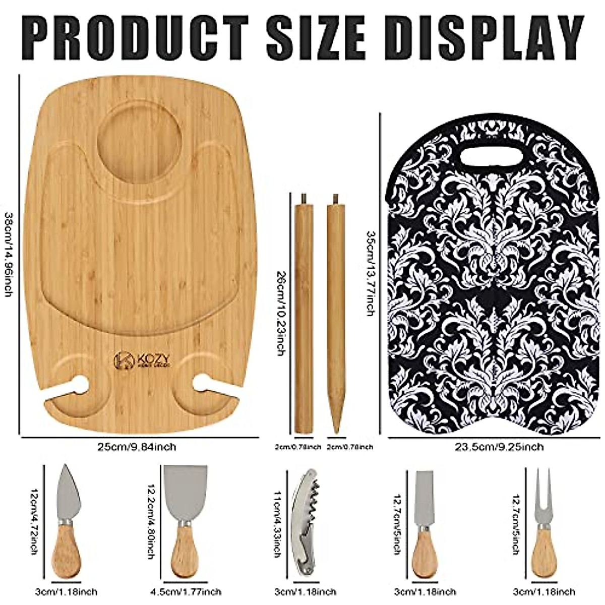 Kozy Home Decor Portable Wine Table with Large Wine Cooler Bag - Outdoor Wine Table with Bottle Holder - Wine Picnic Table with Spatula, Plain Knife, Cheese Fork, Heart Knife and Bottle Lifter