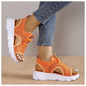 YChao Women's Lace Up Muffin Sandals, Orthopedic Sandals for Women, 2024 Summer Mesh Open Toe Platform Wedge Sandals Causal Walking Sandals,Orange,US10/EU42