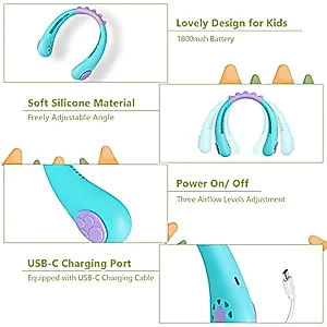 Portable Neck Fan for Kids, Rechargeable, Personal Cooling Mini Fan, Wearable Bladeless Fan, 3 Speeds, USB Hanging Around Neck Fan for Outdoor Travel