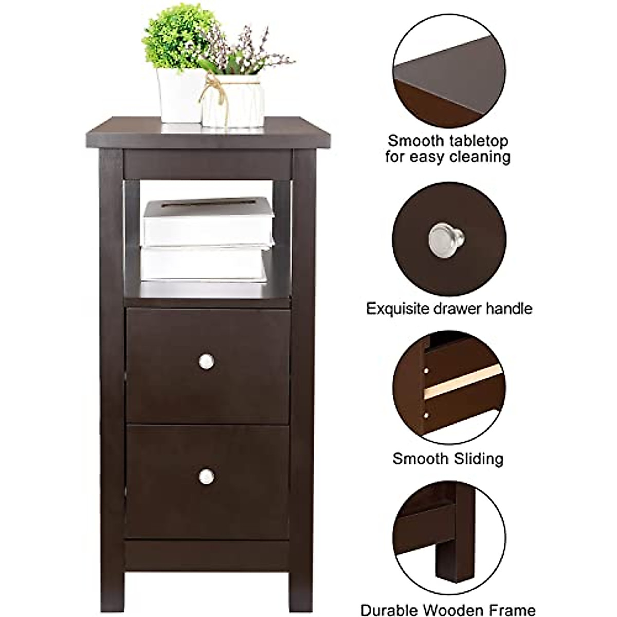 ZENY Side Table Set of 2 Chairside Table Narrow End Table with Storage Shelf and Drawers Small End Table for Bedroom Living Room Kitchen,Wood,Espresso