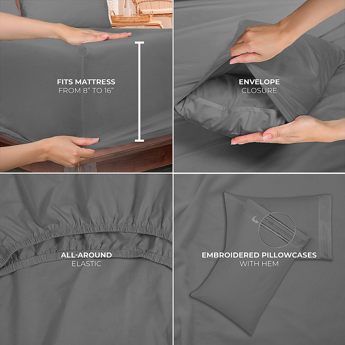 ROYALE LINENS 3 Piece Twin Sheets Set - Soft Brushed 1800 Microfiber Bedding - 1 Fitted and 1 Flat Sheet, 1 Pillow case - Wrinkle Free & Fade Resistant - Hotel Luxury Bed Sheets Set (Grey, Twin)