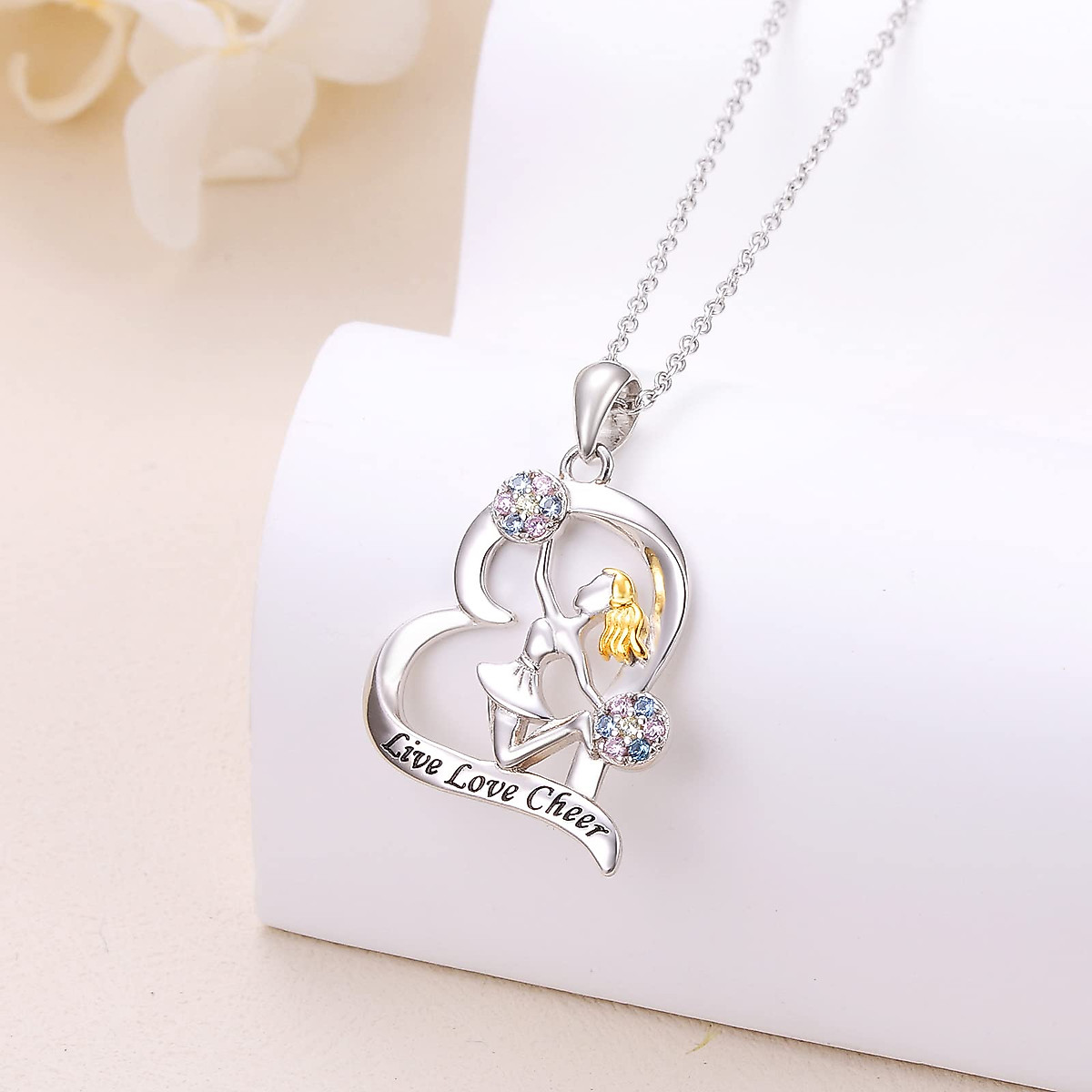 Gift for Cheering Teams, 925 Sterling Silver Engraved Live Love Cheer Up Cheerleader Girl in Heart Pendant Necklace Good Luck Gift for Women Daughter, 18 inch
