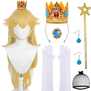 Anogol Hair Cap+ (8 Pcs Set) Princess Wig For Women Golden Long Wavy Wig Peach Cosplay Wig Anime Synthetic Wig For Halloween Party Costume Wig (1 Crown+ 1 Wand+ 2 Earrings+ 2 Gloves+ 1 Brooch)
