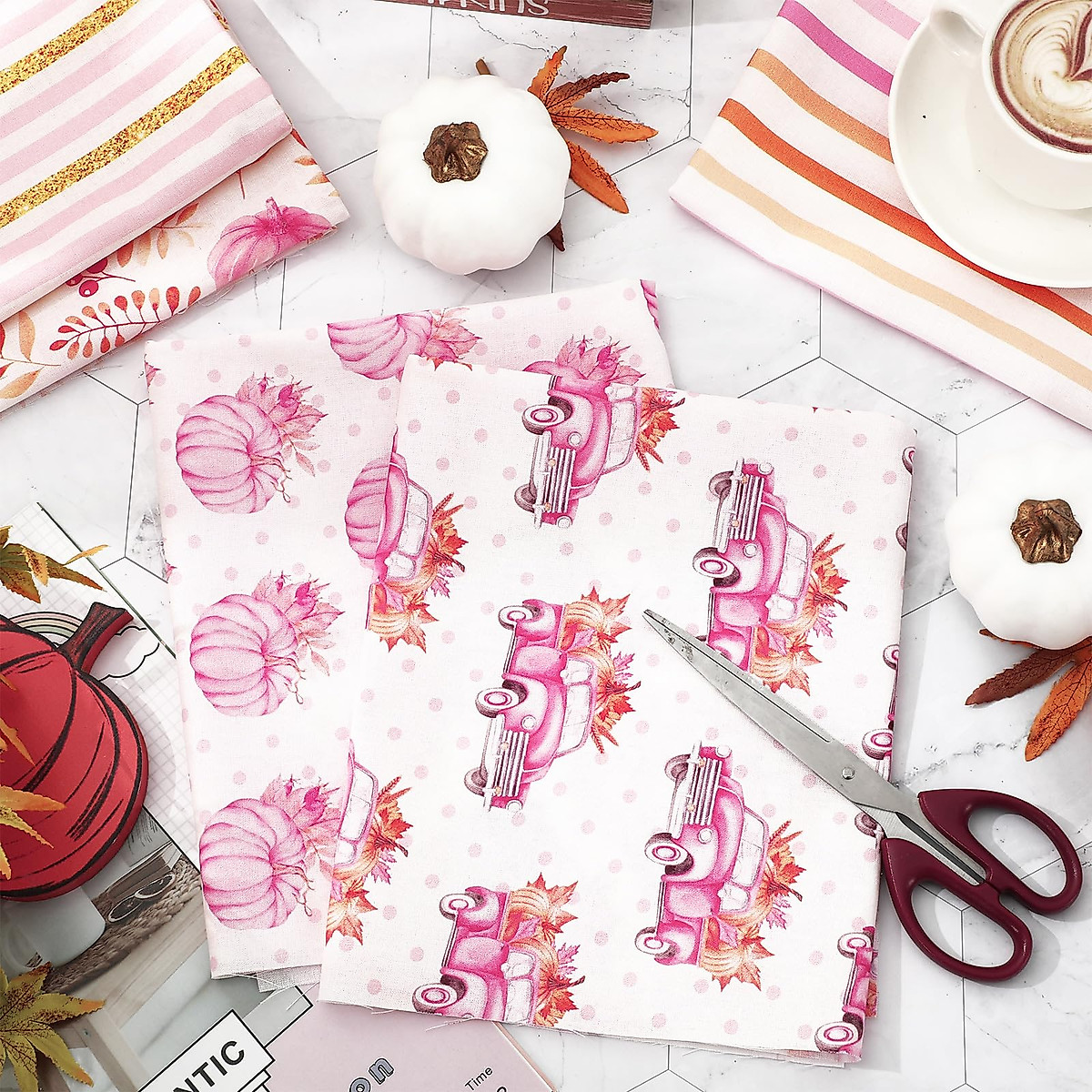 JarThenaAMCS 10Pcs Fall Cotton Fabric Bundles Pink Pumpkin Maple Leaf Truck Fat Quarters Autumn Thanksgiving Quilting Patchwork for DIY Craft Home Party Decor, 18 x 22 Inch