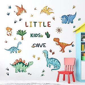 decalmile Watercolor Dinosaur Wall Decals Dino Tropical Plants Wall Stickers Baby Boy Kid Bedroom Playroom Wall Decor