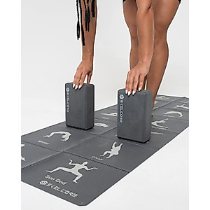 Skelcore Yoga Mat and Blocks Set- Travel Yoga Mat with Poses Printed On It and 2 Yoga Blocks - Non Slip Yoga Accessories For Beginners Folding Yoga Travel Mat 68"L x 24"W x 2mm
