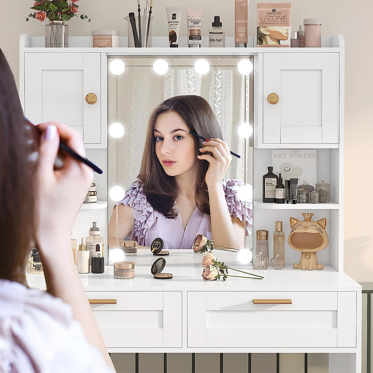 usikey Vanity Desk with Mirror and Lights, Makeup Vanity Table with 2 Drawers, 2 Cabinets & 2 Shelves, Vanity Desk, Vanity Table for Girls Women, Bedroom, White