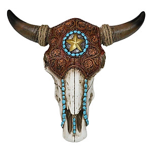 Ebros 13.25" Wide Western Star Tooled Leather Steer Bison Buffalo Bull Cow Horned Skull Head With Turquoise Beads Wall Mount Decor Replica Native Animal Totem Bust Skulls Hanging Plaque Sculpture