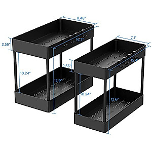 Wekin Under Sink Organizers & Storage 2 PCS, 2 Tier Under Cabinet Basket Organizer for Kitchen Bathroom, 2 Size Multi-Usage Storage Shelf with Hooks, Under the Sink Standing Stackable Rack for Bath
