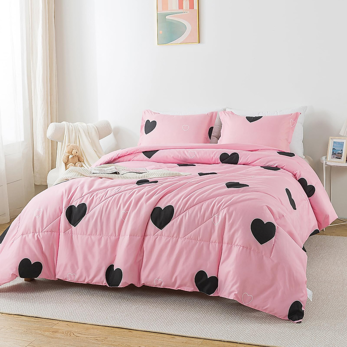 Caressma Blush Pink Love Comforter Set King Size, Cute Heart Pattern Bedding Comforter for Girls Women, 3 Pieces Soft Microfiber Fluffy Lovely Comforter Set for All Seasons Room Decor