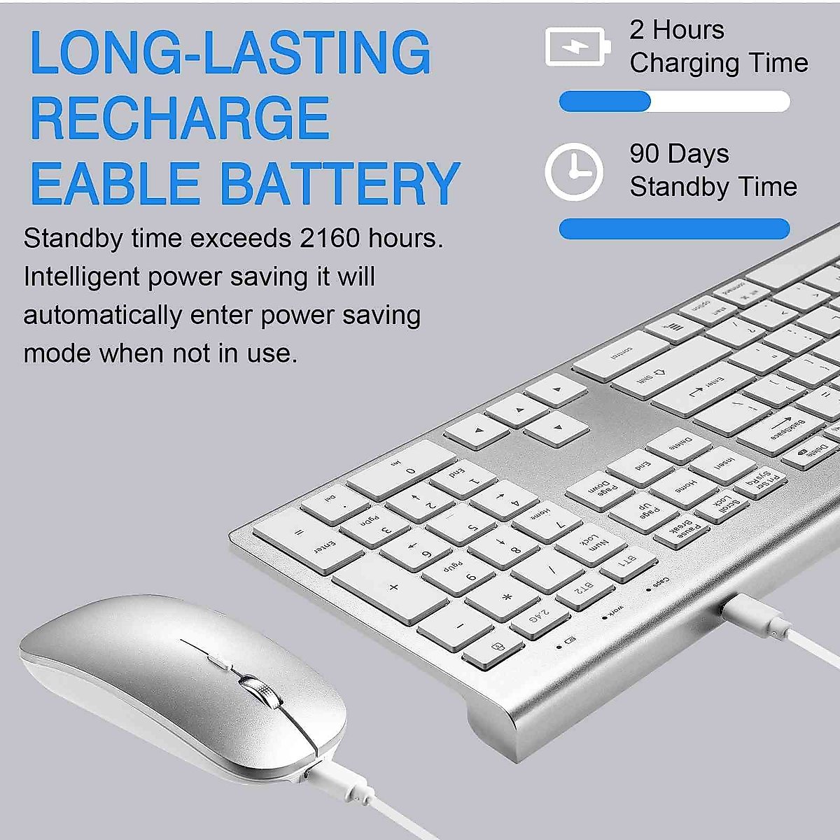UrbanX Plug and Play Compact Rechargeable Wireless Bluetooth Full Size Keyboard and Mouse Combo for Microsoft Surface Duo 2 Supports Windows, macOS, iPadOS, Android, PC, Mac, Laptop, Tablet -White